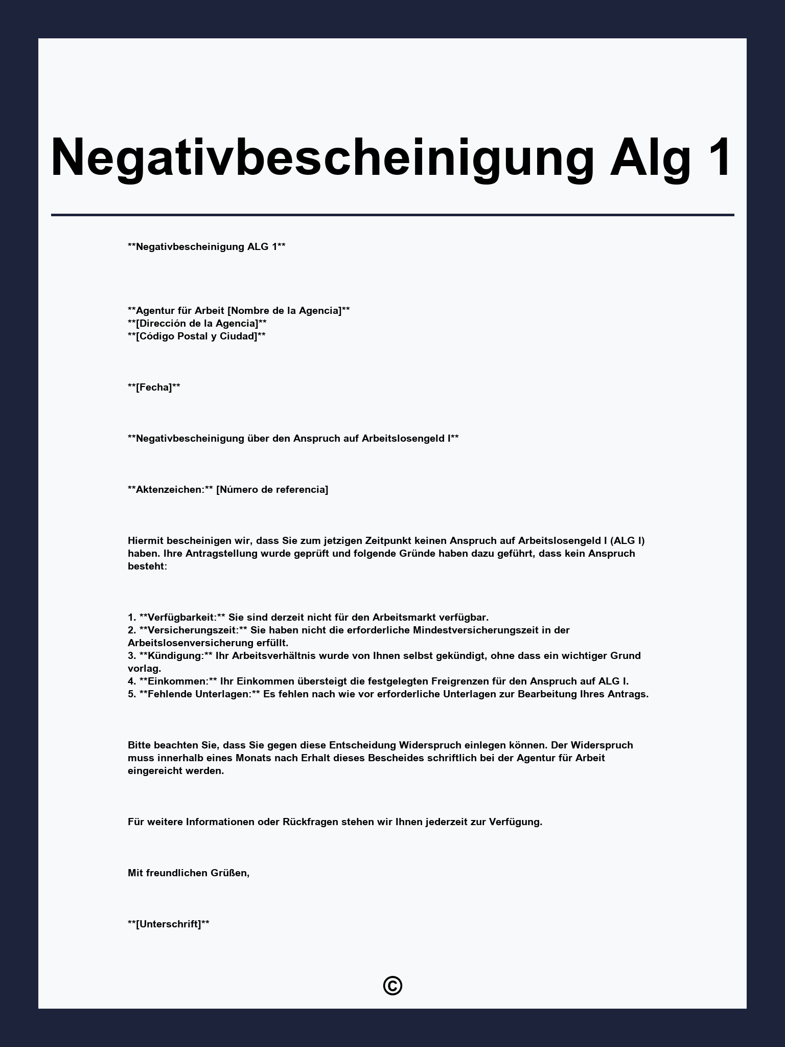 Negativbescheinigung Alg 1