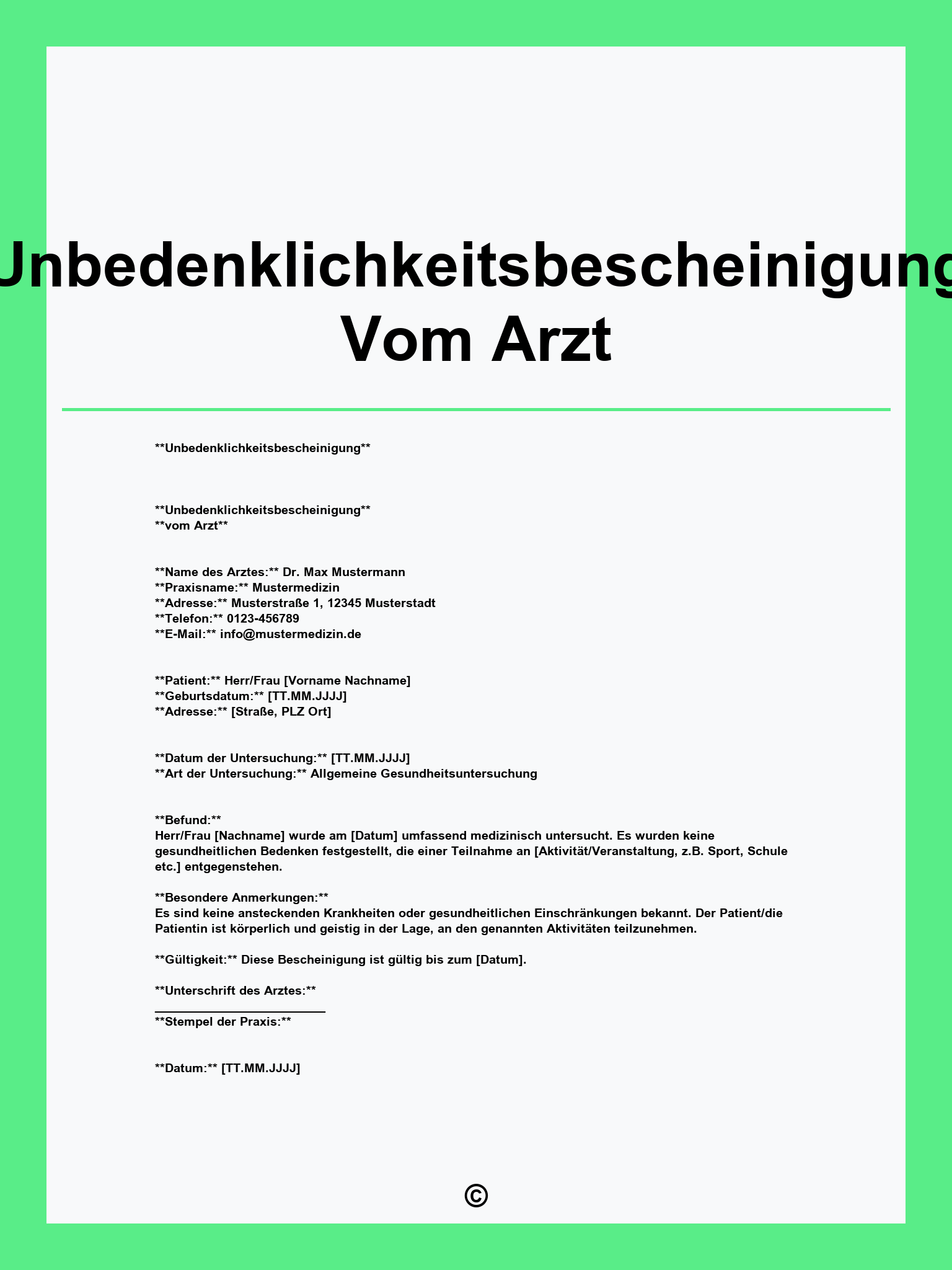 Unbedenklichkeitsbescheinigung Vom Arzt
